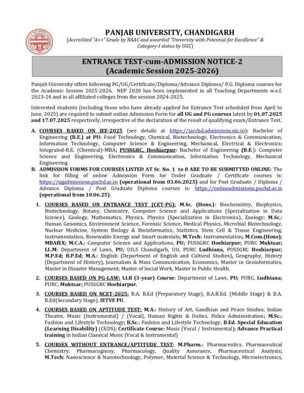 Admission Notice 2025-26 News & Updates - Panjab University Chandigarh ...